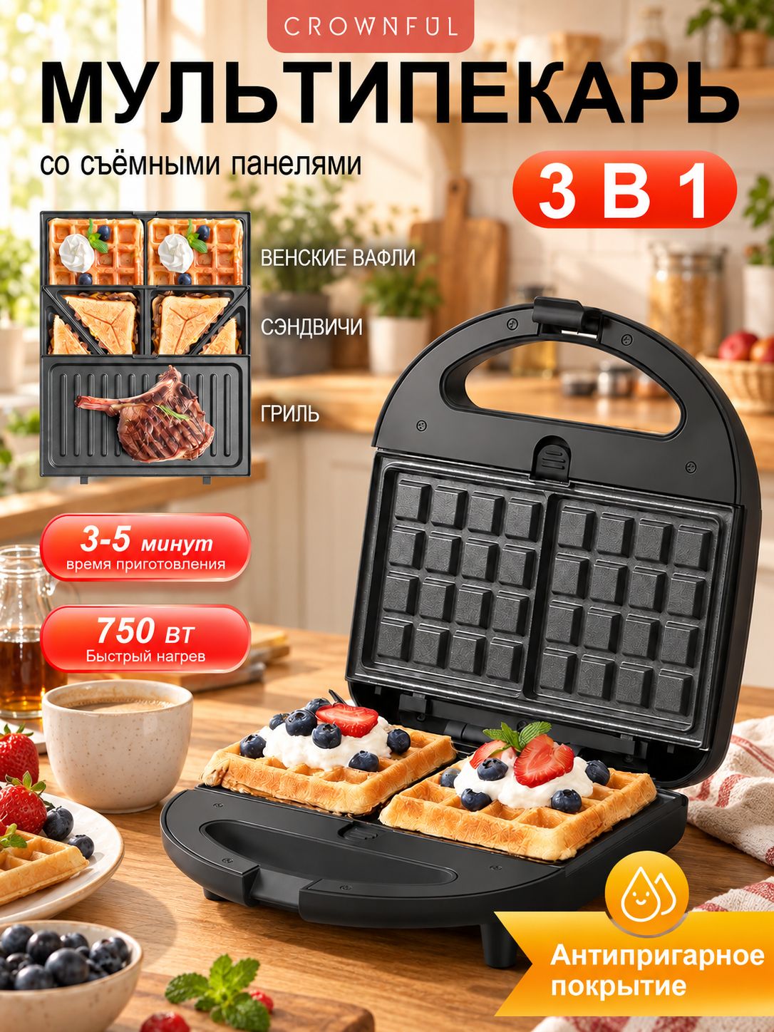Вафельница электрическая 3 в 1 CROWNFUL со съемными панелями, бутербродница-сендвичница и гриль, 750 Вт