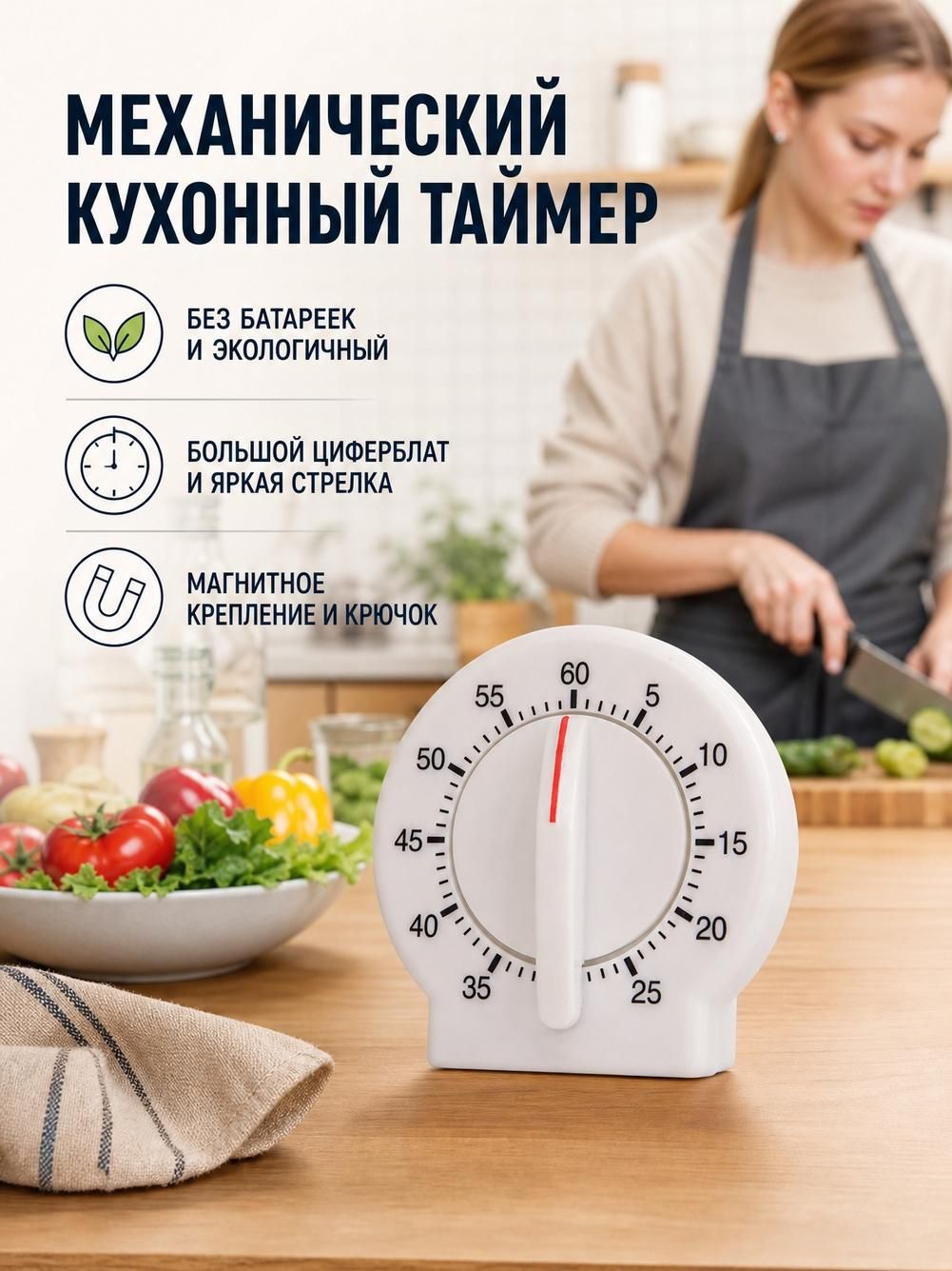 Таймер механический настольный, пластик, 60 минут, белый