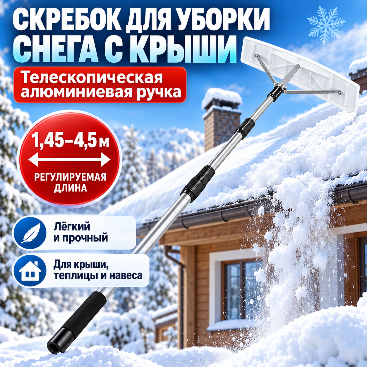 Телескопический скребок для снега с крыши 1,45–4,5 м, алюминиевая штанга, инструмент для очистки крыш, теплиц и навесов