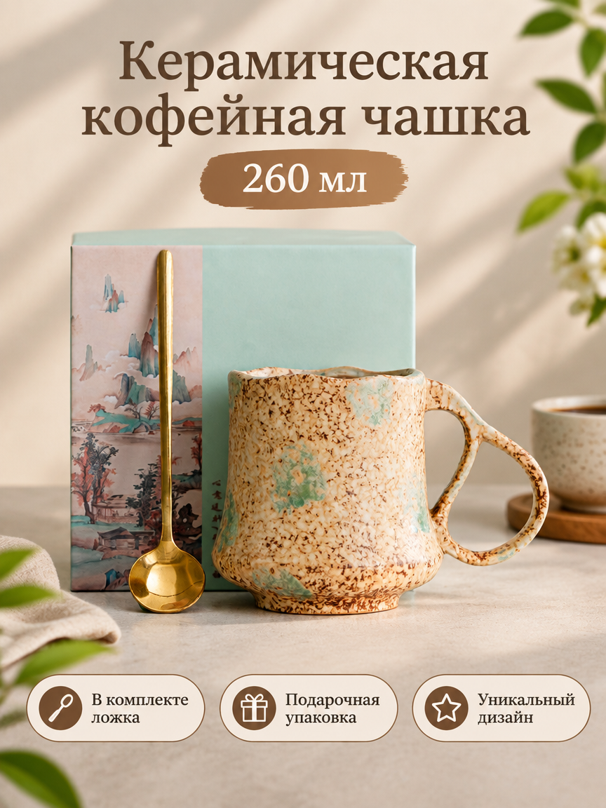Керамическая кружка 260 мл с ложкой в подарочной коробке, цвет зелёный с эффектом яобянь, ретро стиль для кофе и чая