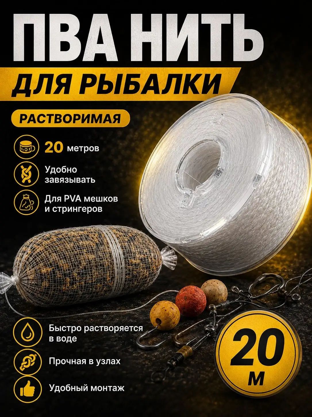 Растворимая ПВА нить для рыбалки 20 м, для ПВА стиков, пакетов, сетки и бойлов, карпфишинг