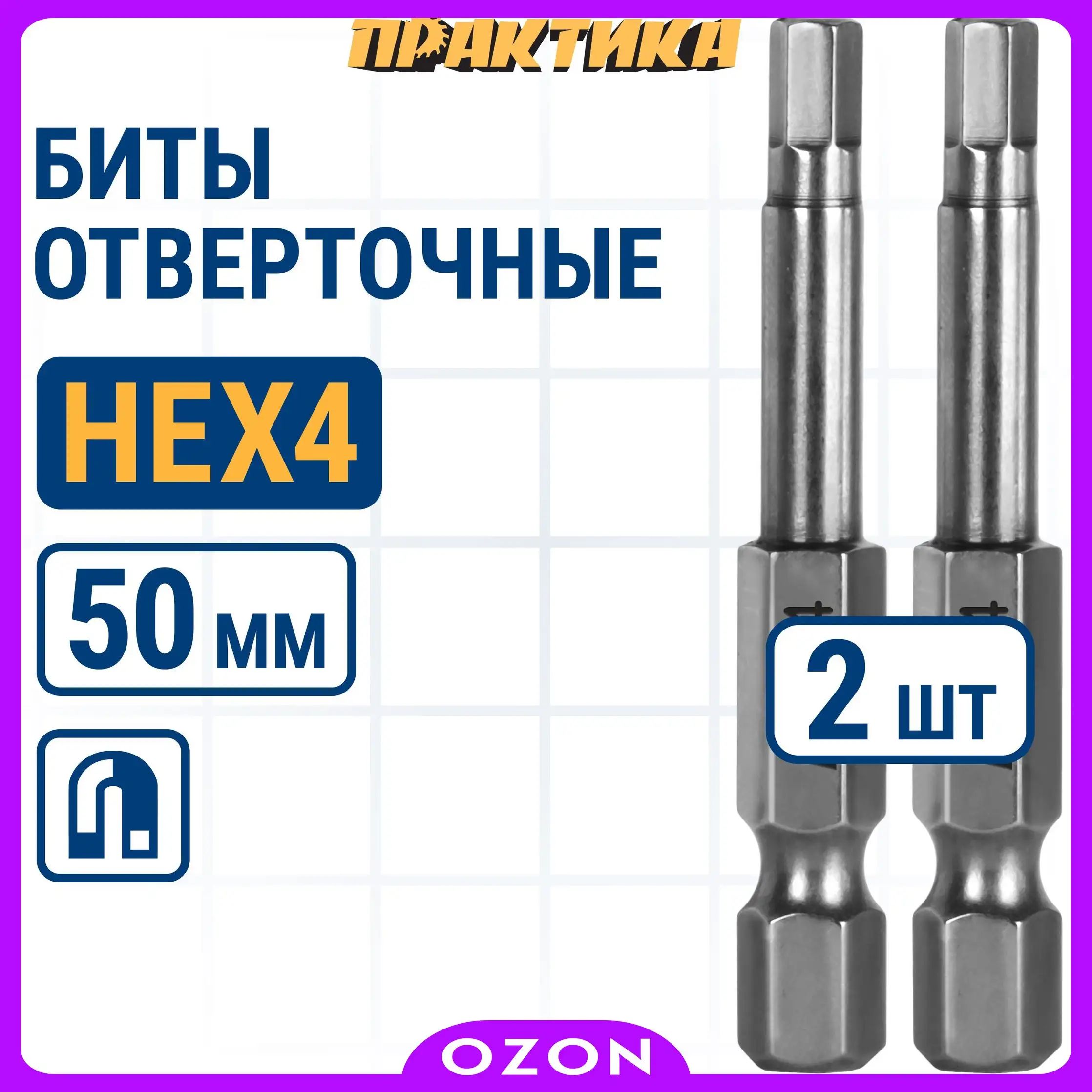 Биты для шуруповертов / бита отверточная ПРАКТИКА "Профи" HEX 4 х 50мм (2шт)