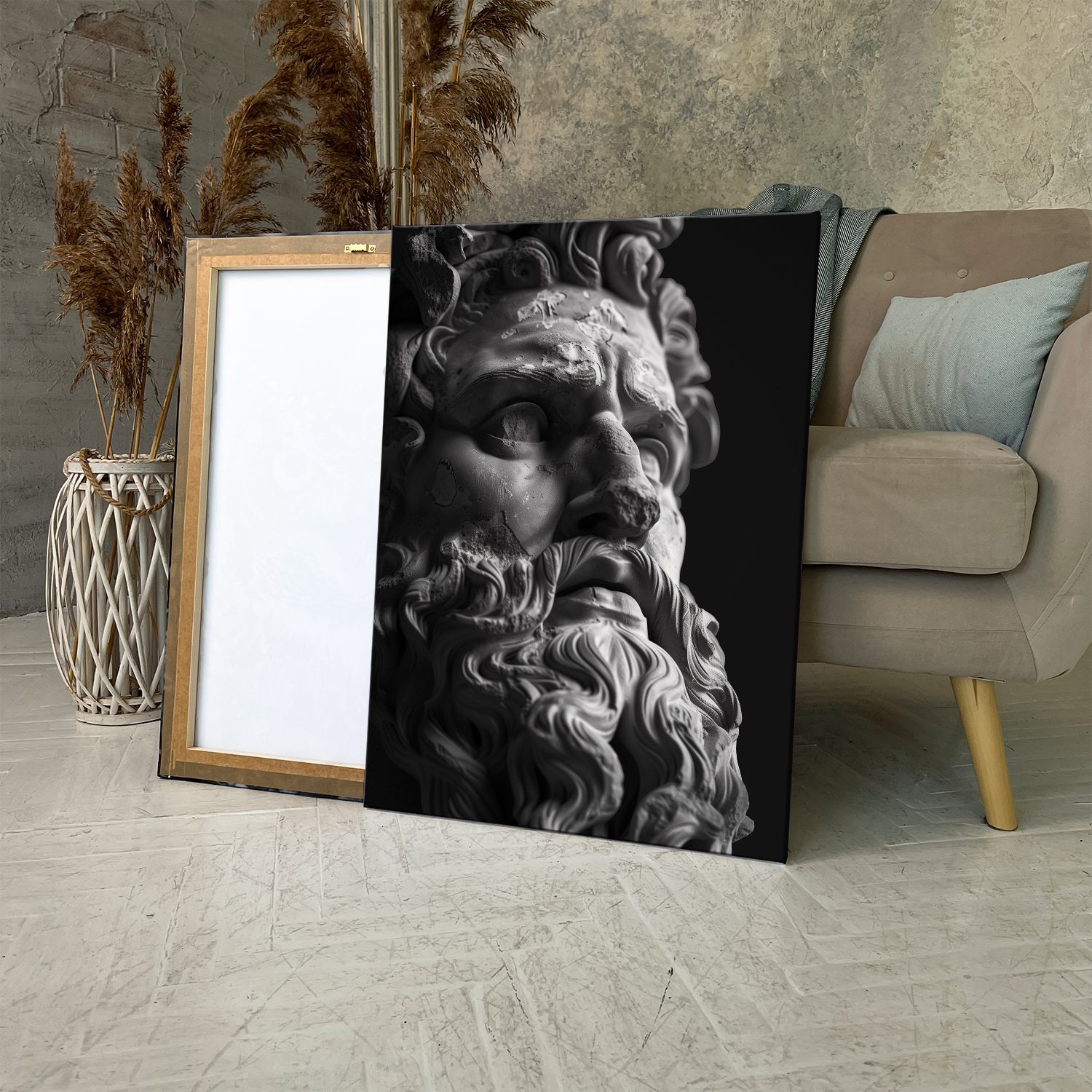 Картина на холсте (Скульптура лица зевса) 30x40 см. Интерьерная, на стену.