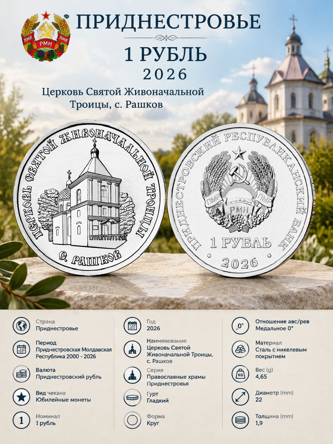 Приднестровье 1 рубль, 2026 Церковь Святой Живоначальной Троицы, с. Рашков UNC