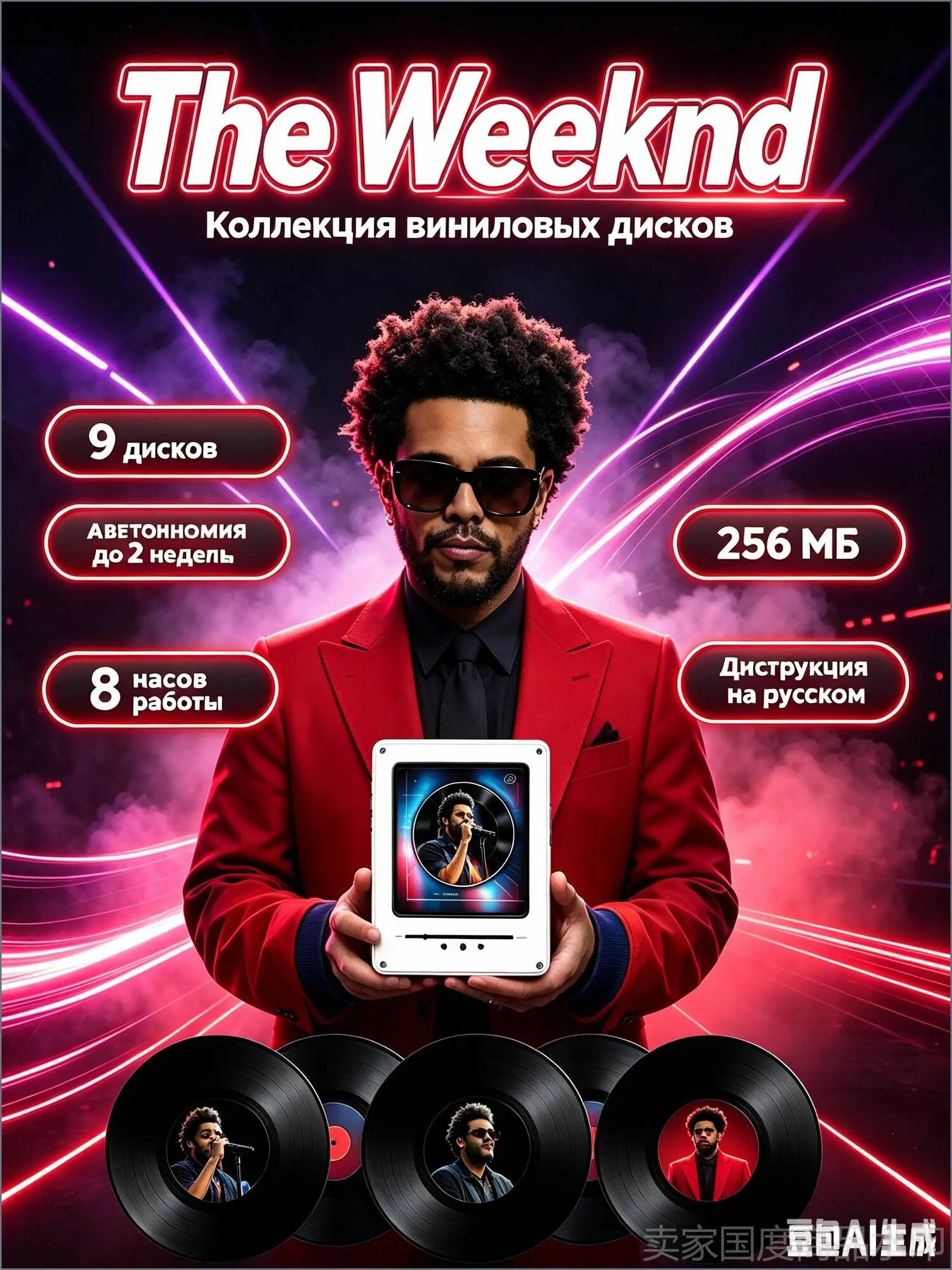 Музыкальный магнит на холодильник с дисками The Weeknd, 9 виниловых дисков, 256 МБ, автономность до 2 недель, 8 часов работы, инструкция на русском