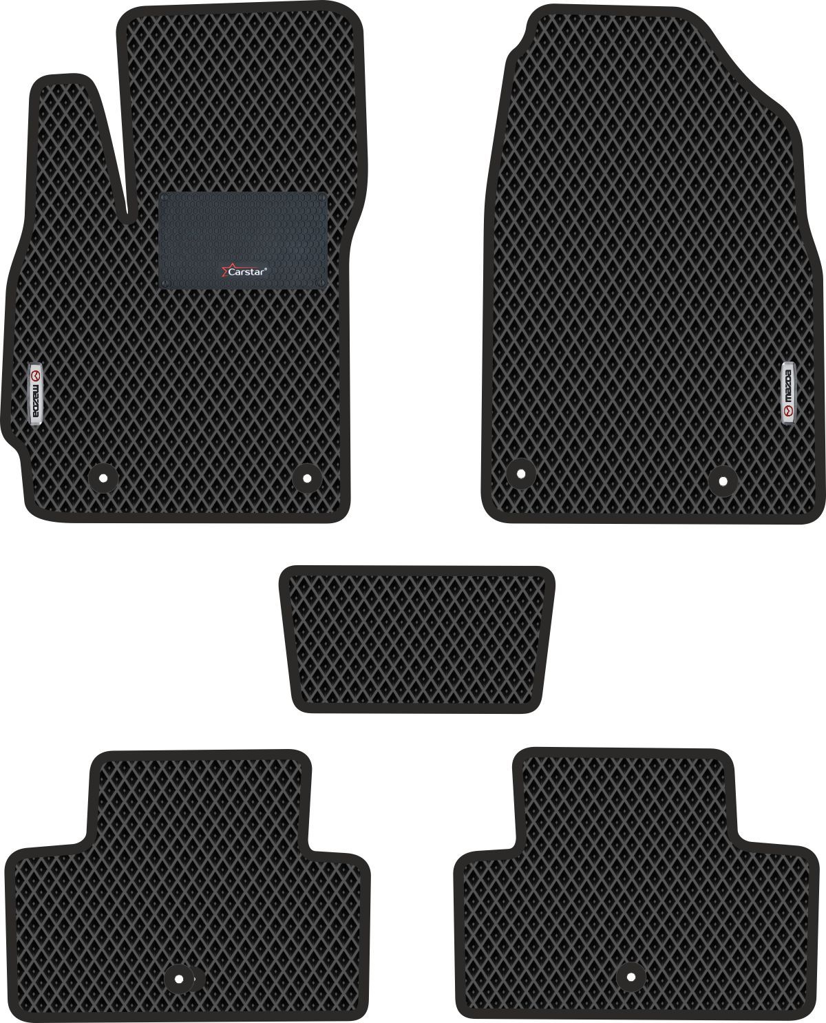 Автомобильные коврики EVA для Mazda CX-7 (2006-2012), с каучуковым подпятником и 2 эмблемами Mazda, чёрные с чёрным кантом, ячейка - ромб