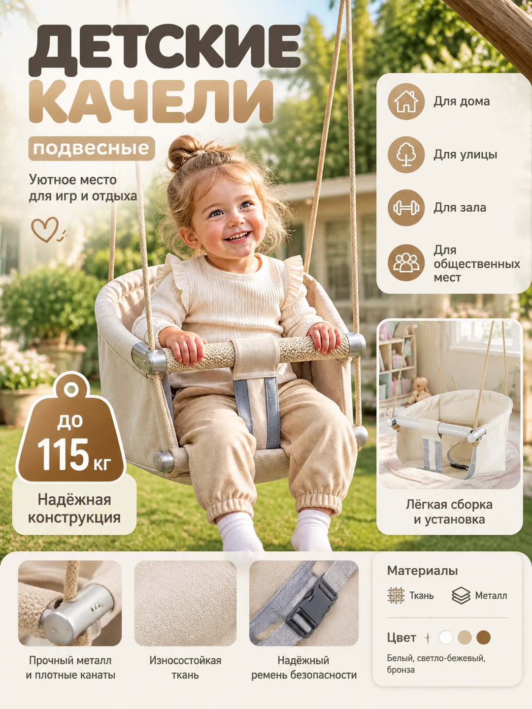 Подвесные качели для детей из ткани и металла, нагрузка до 115 кг