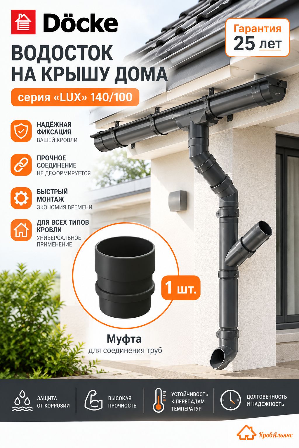 Водосток для крыши дома Docke: Муфта трубы соединительная, серия LUX 140/100 мм Графит