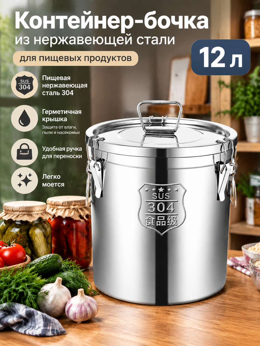 Контейнер-бочка из нержавеющей стали 304, 12 л, герметичная крышка, ручка для переноски