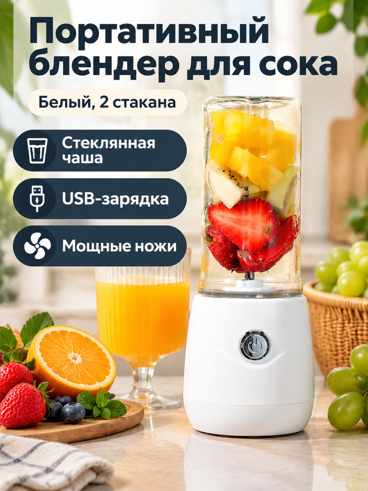 Электрическая соковыжималка портативная беспроводная с бокалом из стекла, 3.7 В, 2 бокала, белая