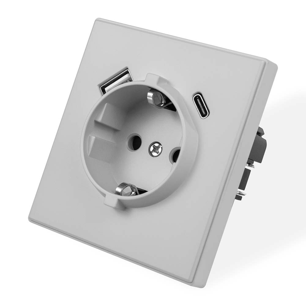 Розетка электрическая, светло-серая, 1 пост, USB-A, USB-С, с рамкой Vell Air {V702088}