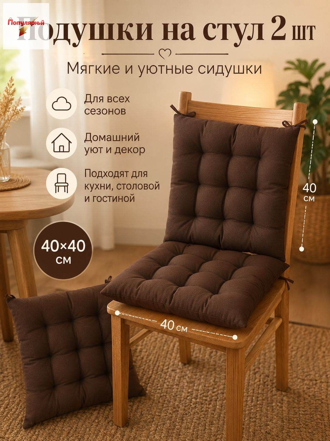 Мягкие подушки на стул 40×40 см, 2 шт, на завязках, полиэстер, коричневые, для кухни