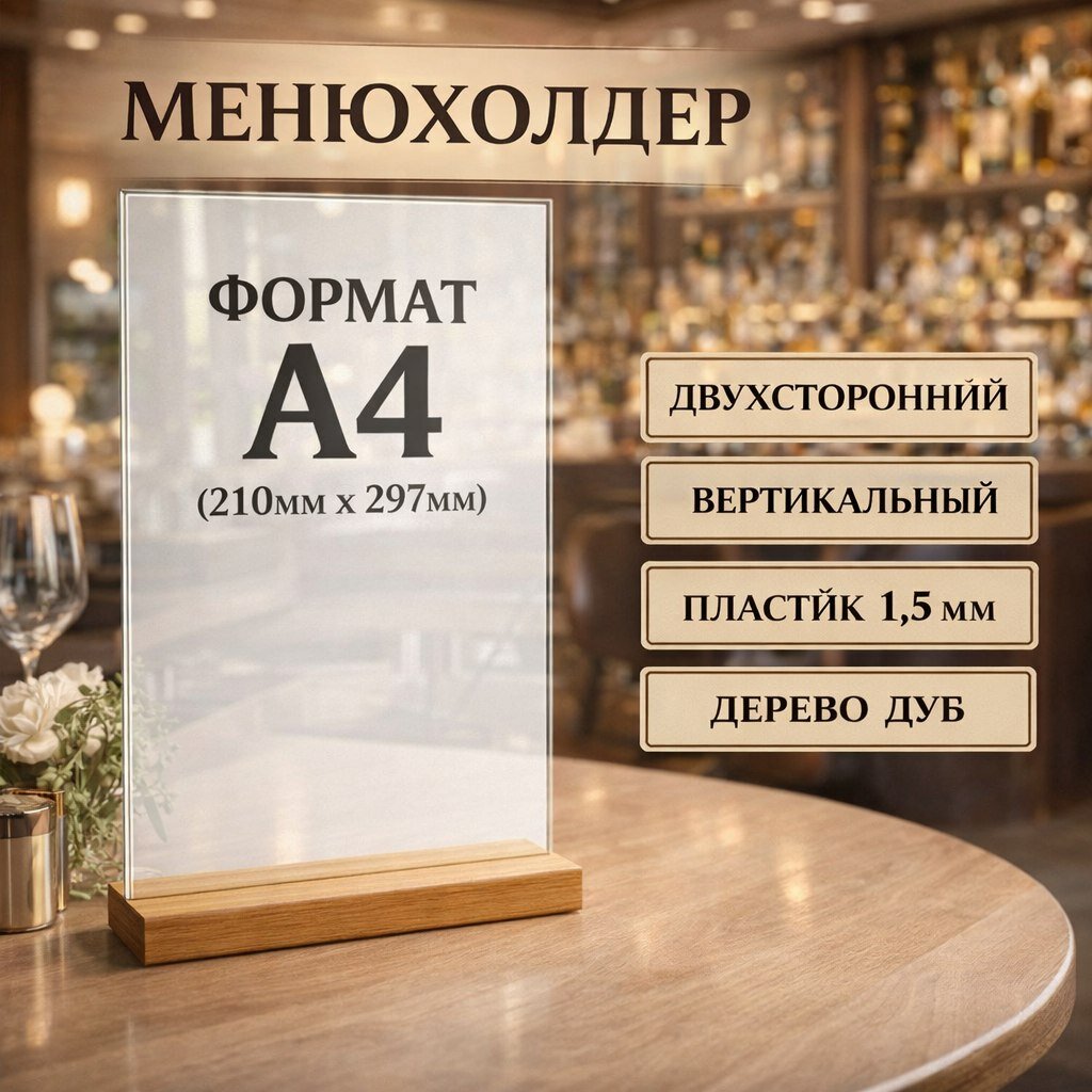 Менюхолдер А4 на деревянном основании (ДУБ) / Подставка под меню настольная вертикальная для рекламных материалов