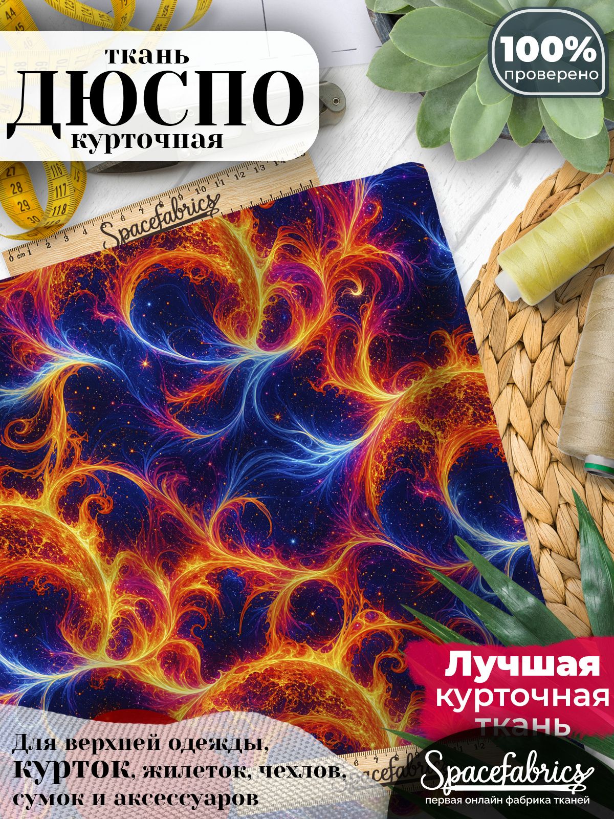 Ткань для шитья Дюспо 240T WR PU Milky, курточная плащевая, водоотталкивающая, отрез 147х100 см, с принтом Космическая плазма (1х1,47 м)