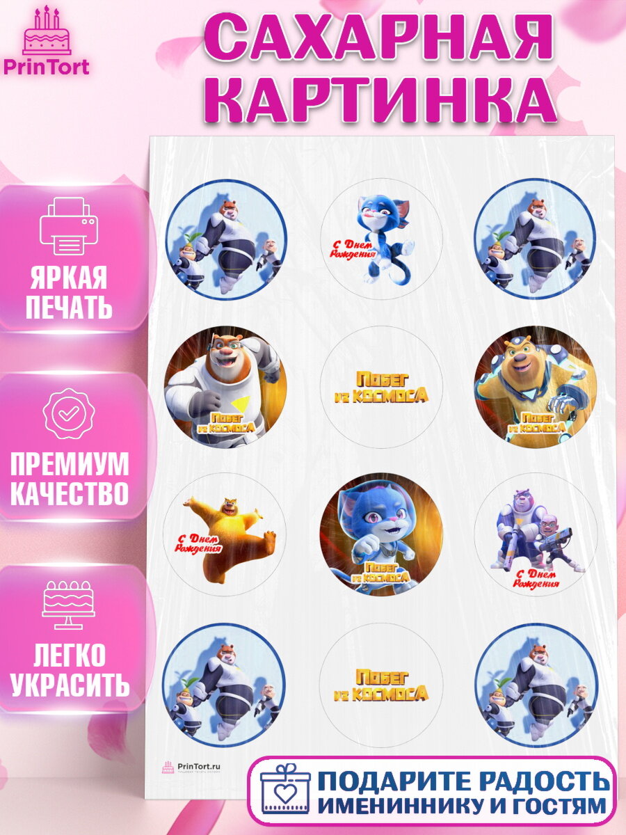 Сахарная картинка для торта Побег из Космоса. Украшения для торта мальчику или девочки на День Рождения. Декор для выпечки PrinTort