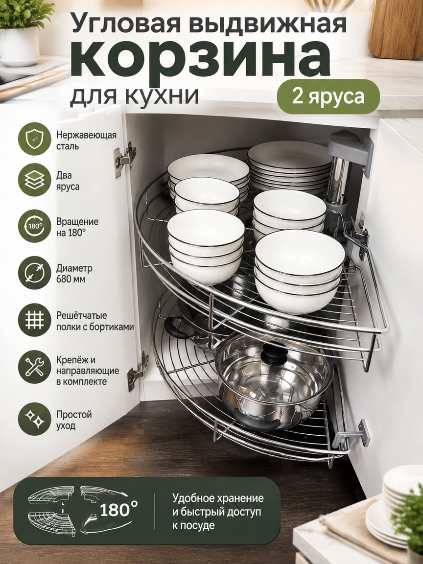 Угловая выдвижная корзина для кухни, 2 яруса, нержавеющая сталь, диаметр 680 мм, поворот 180°