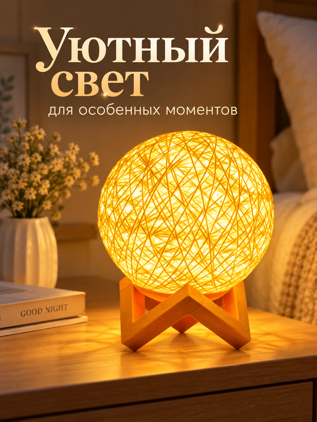 Ночник (тростниковый шар), основание из пластика pc, теплый свет, бежевый