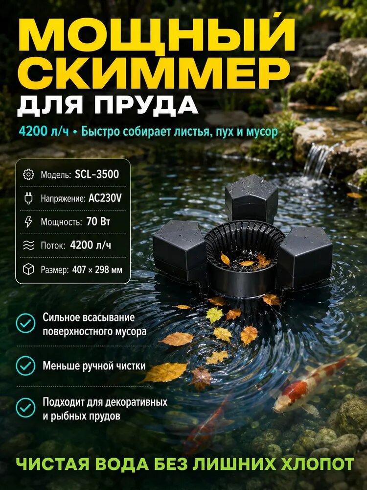 Плавающий скиммер для пруда с насосом SCL-3500(на 50м2)