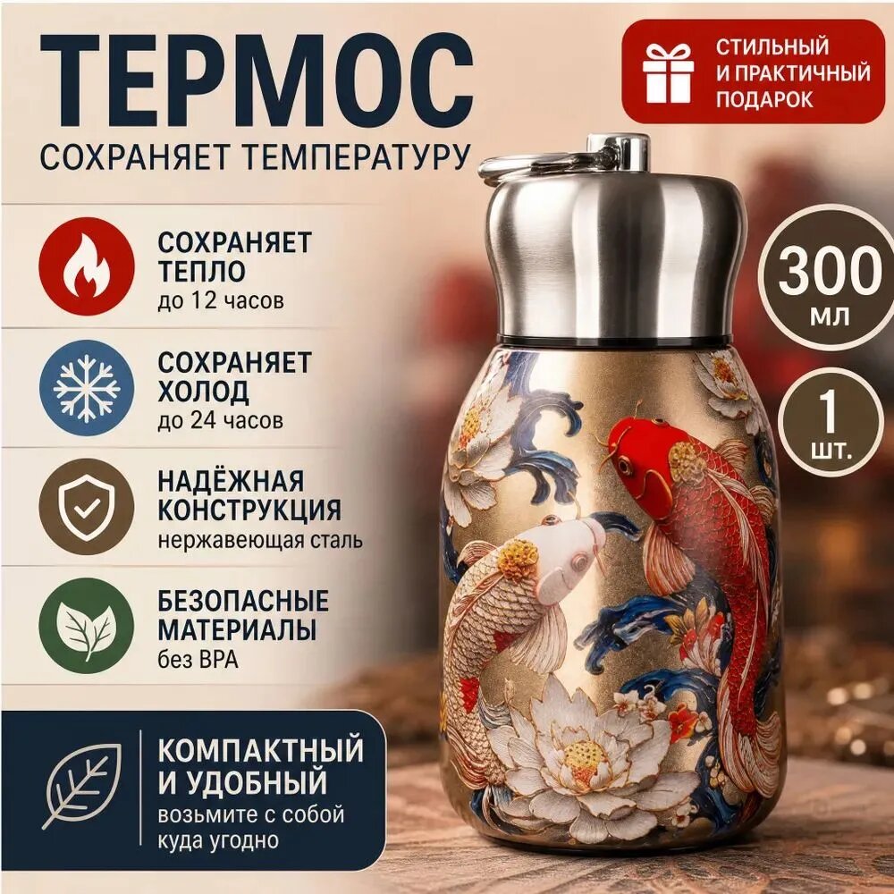Термокружка 0.122 л, холод 12 ч, тепло 12 ч, вакуумная, непроливайка, разноцветный