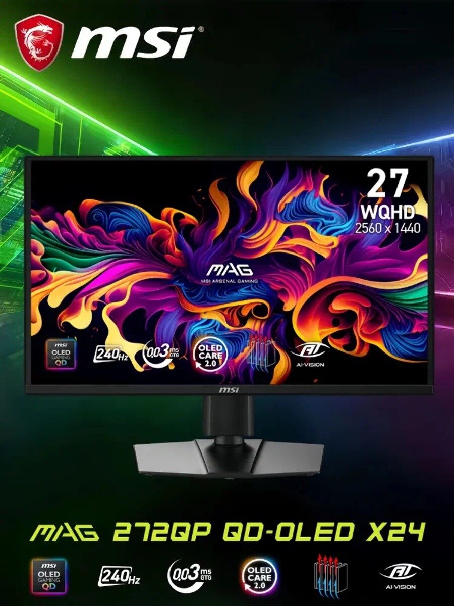 MSI 26.5" Монитор MAG 272QP QD-OLED X24, OLED,2k240 Гц 0,03 мс (GTG), темно-серый, черный матовый