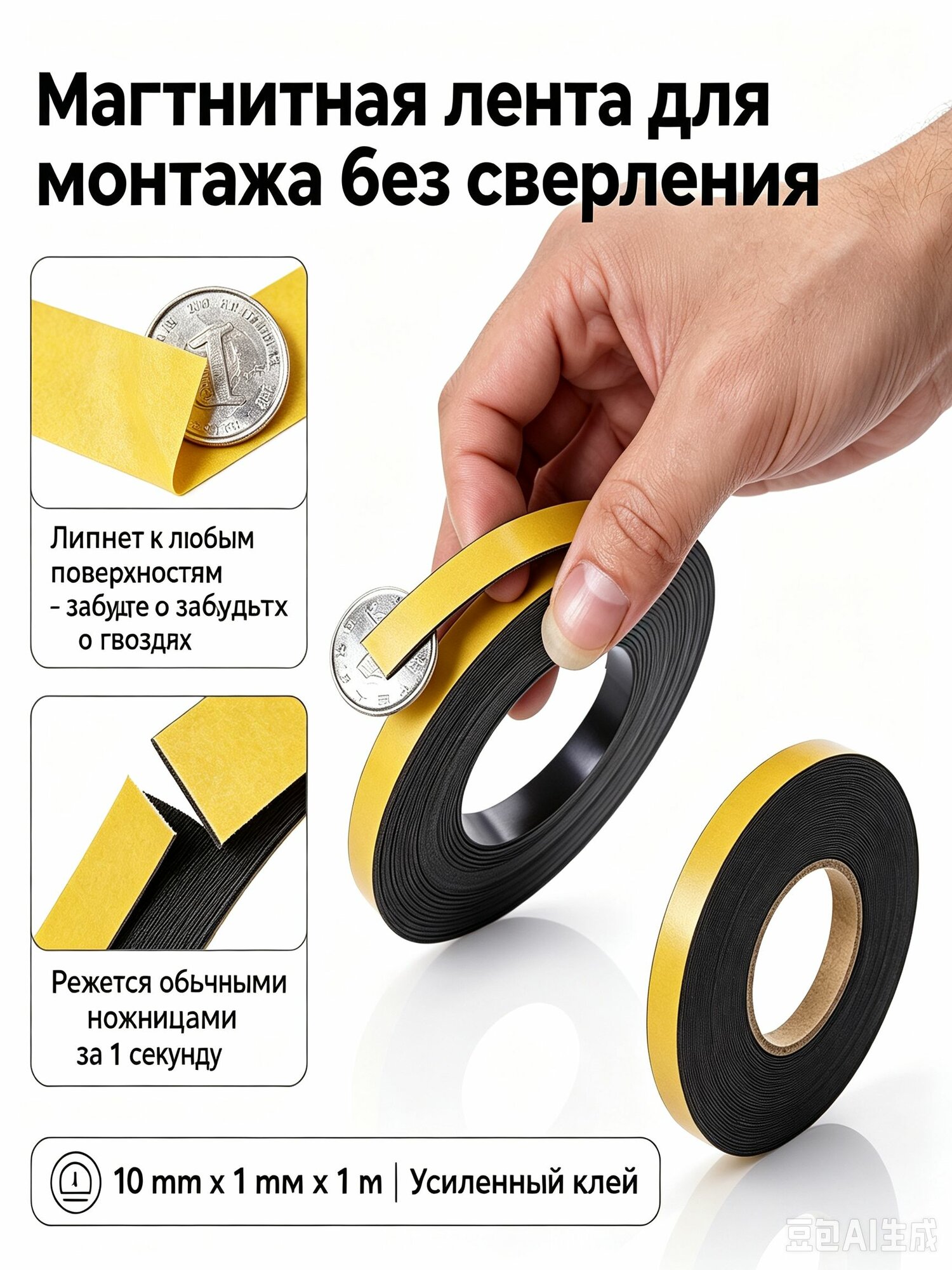 Магнитная лента, самоклеящаяся 10ммх1мм 1м-гибкий магнитный скотч с клеевым слоем тонкий, для рукоделия творчества и декора на холодильник