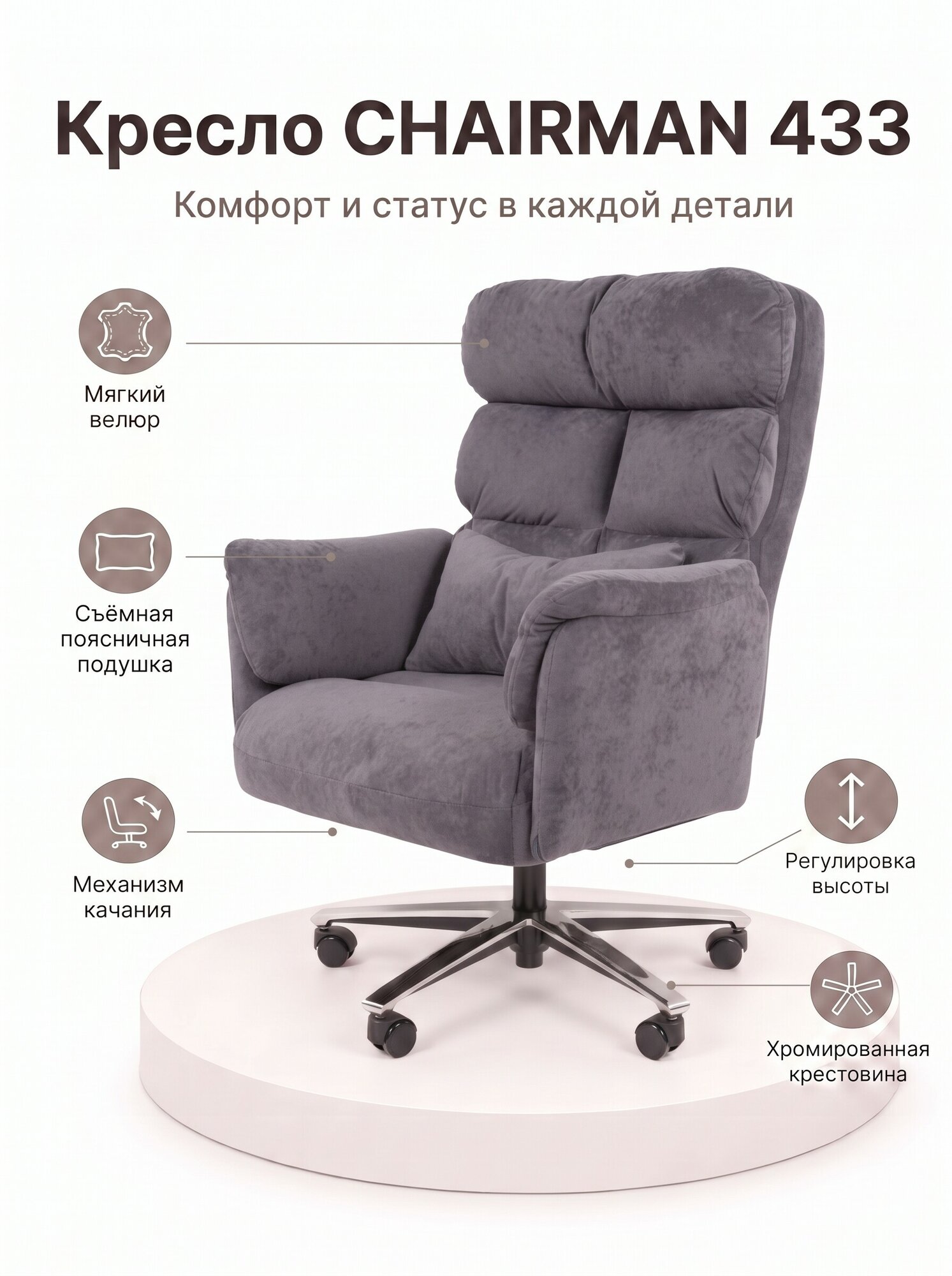 Компьютерное кресло CHAIRMAN 433 велюр серый для руководителя с подлокотниками и откидной спинкой для а
