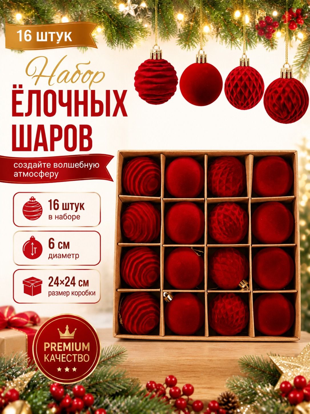 Елочный шар 6 см красный 16 шт