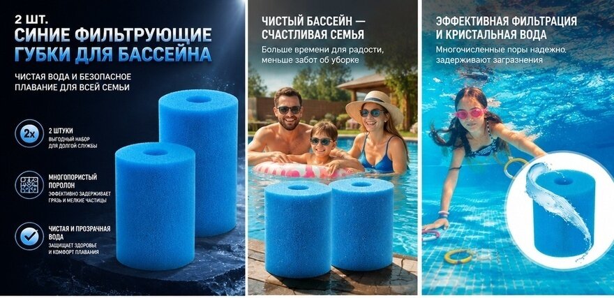Фильтр Для Бассейна Переиспользуемый Очиститель 2 Шт Синий 10 2X9CM