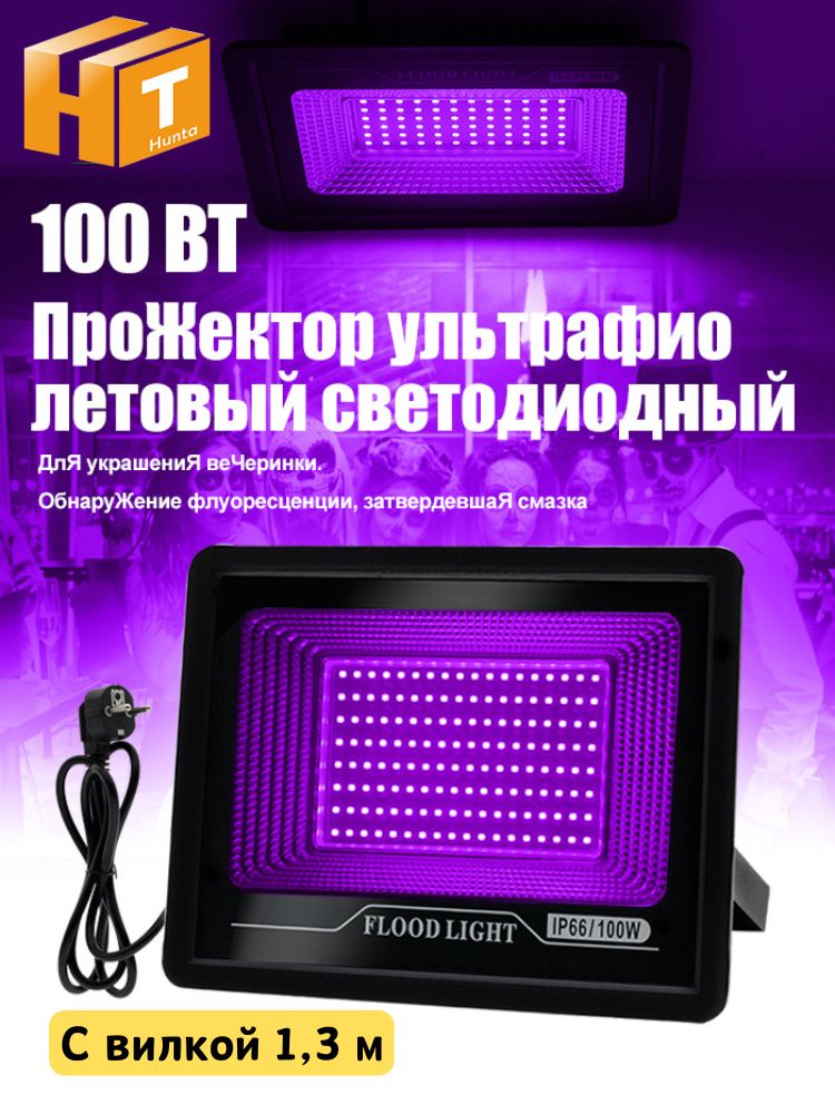 Светодиодный Прожектор ультрафиолетовый 100W, УФ 395-400 nm, уличный IP66, С вилкой 1,3 м