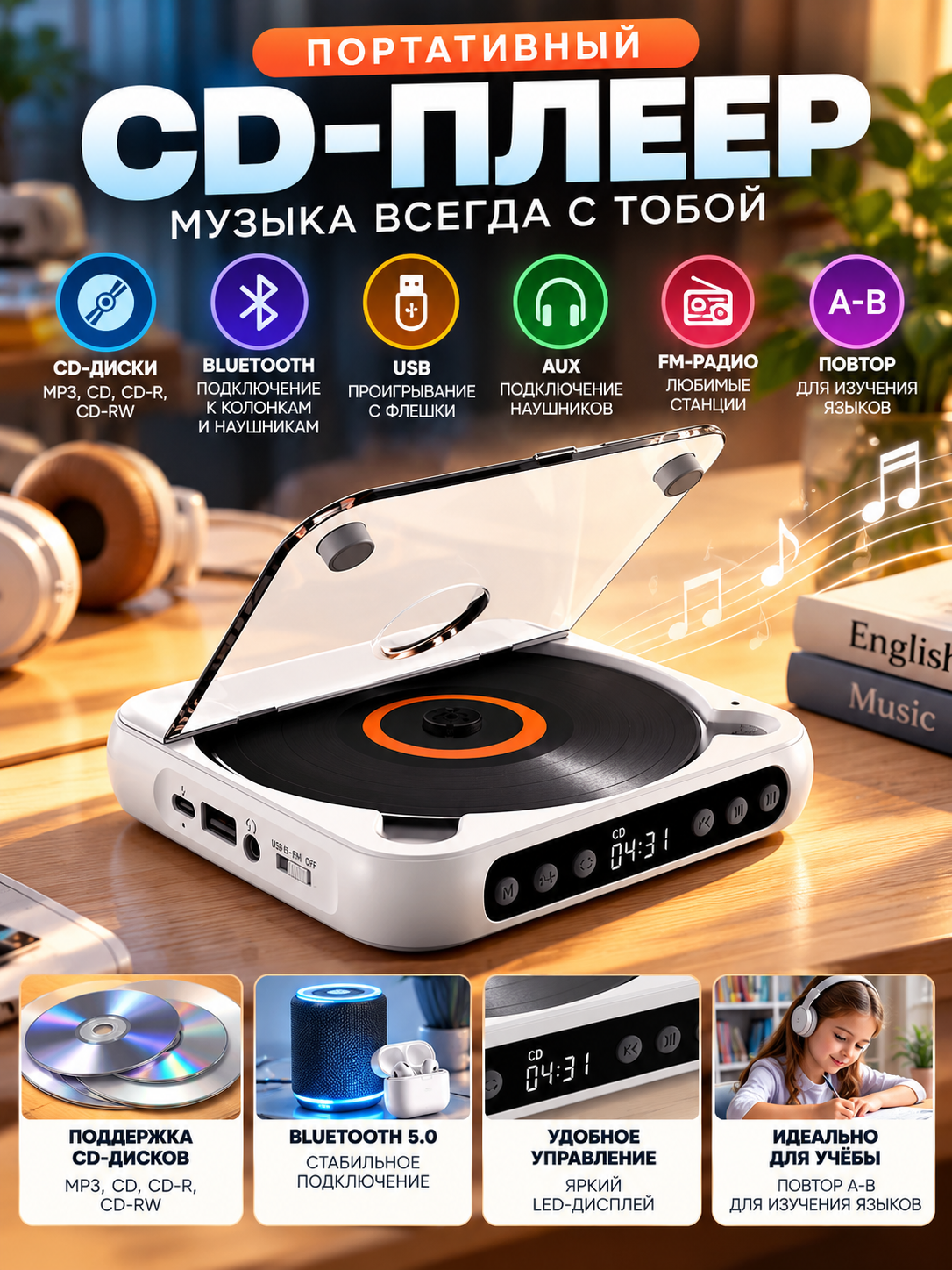 CD плеер MP3 Портативный CD проигрыватели Bluetooth-колонка /CD player