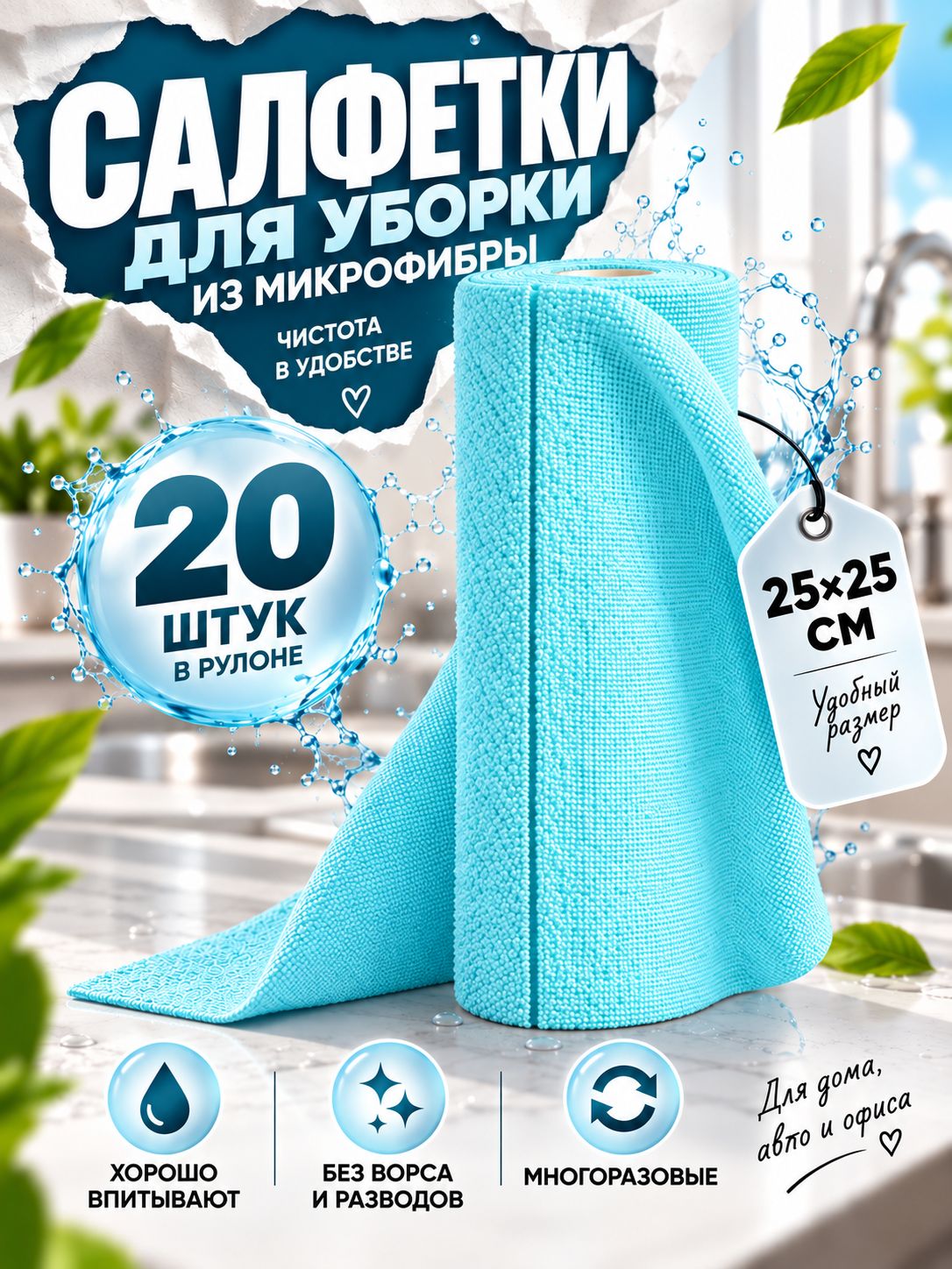 Салфетки из микрофибры в рулоне 20 шт, многоразовые тряпки для уборки дома и автомобиля