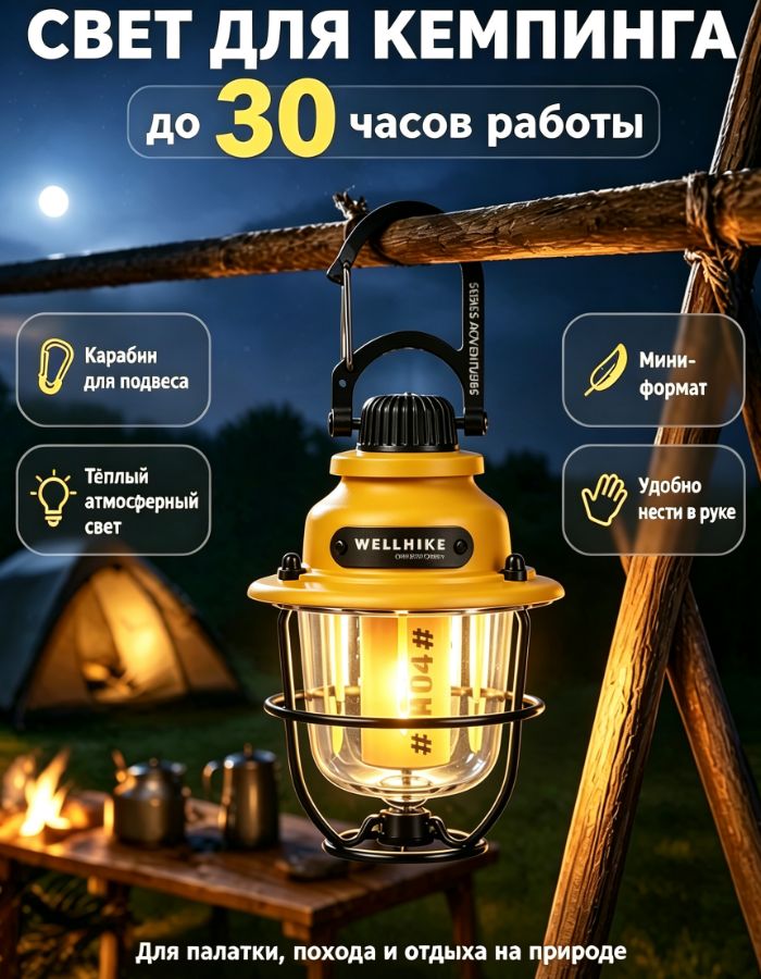 Портативный уличный фонарь WELLHIKE в форме шишки с застёжкой, оранжевый, до 30 ч автономной работы, регулируемая яркость и цветовая температура, IPX4