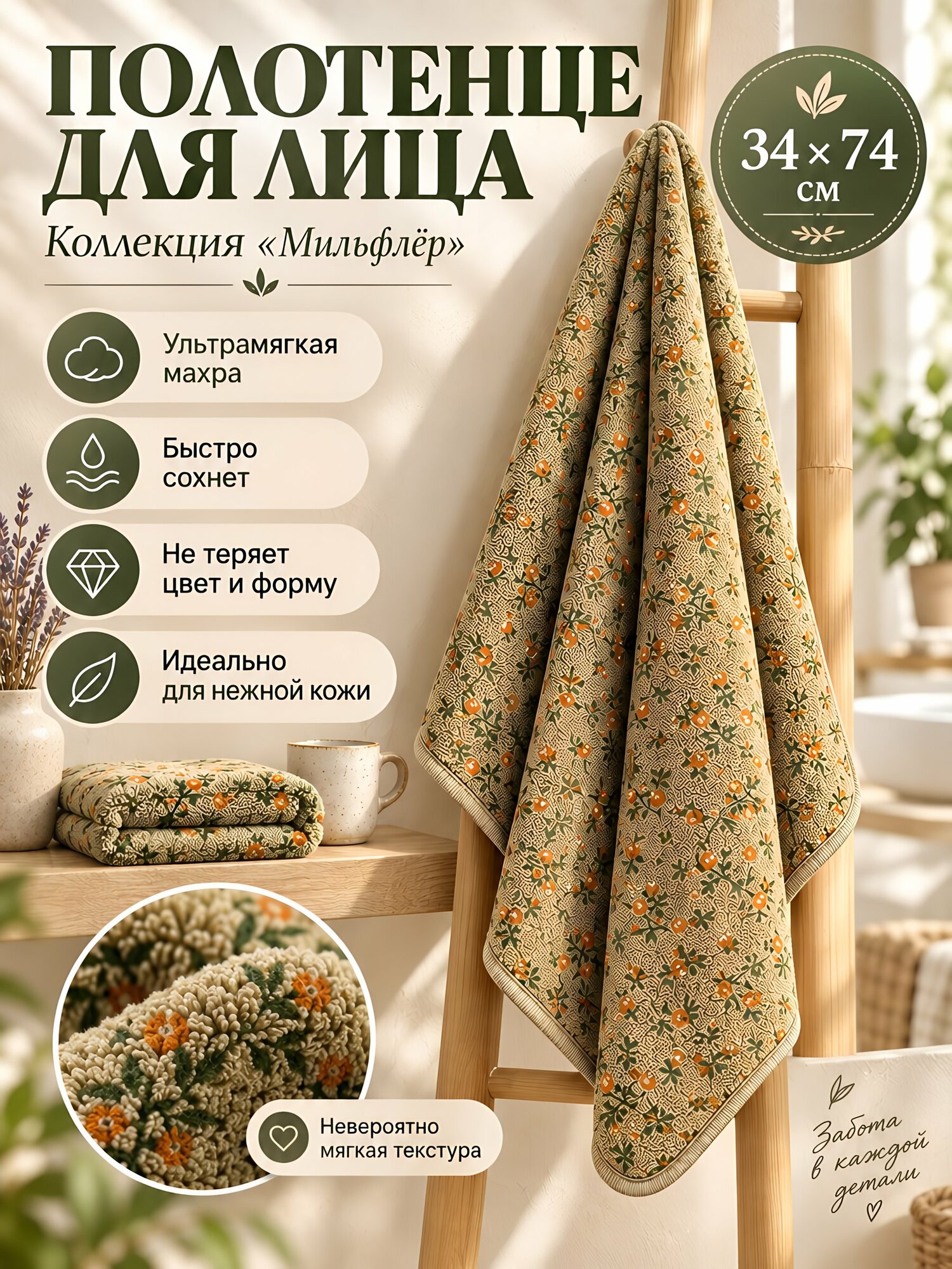 Полотенце для лица и рук 34х74 см, махровый полиэстер, зеленое, с рисунком Мильфлер
