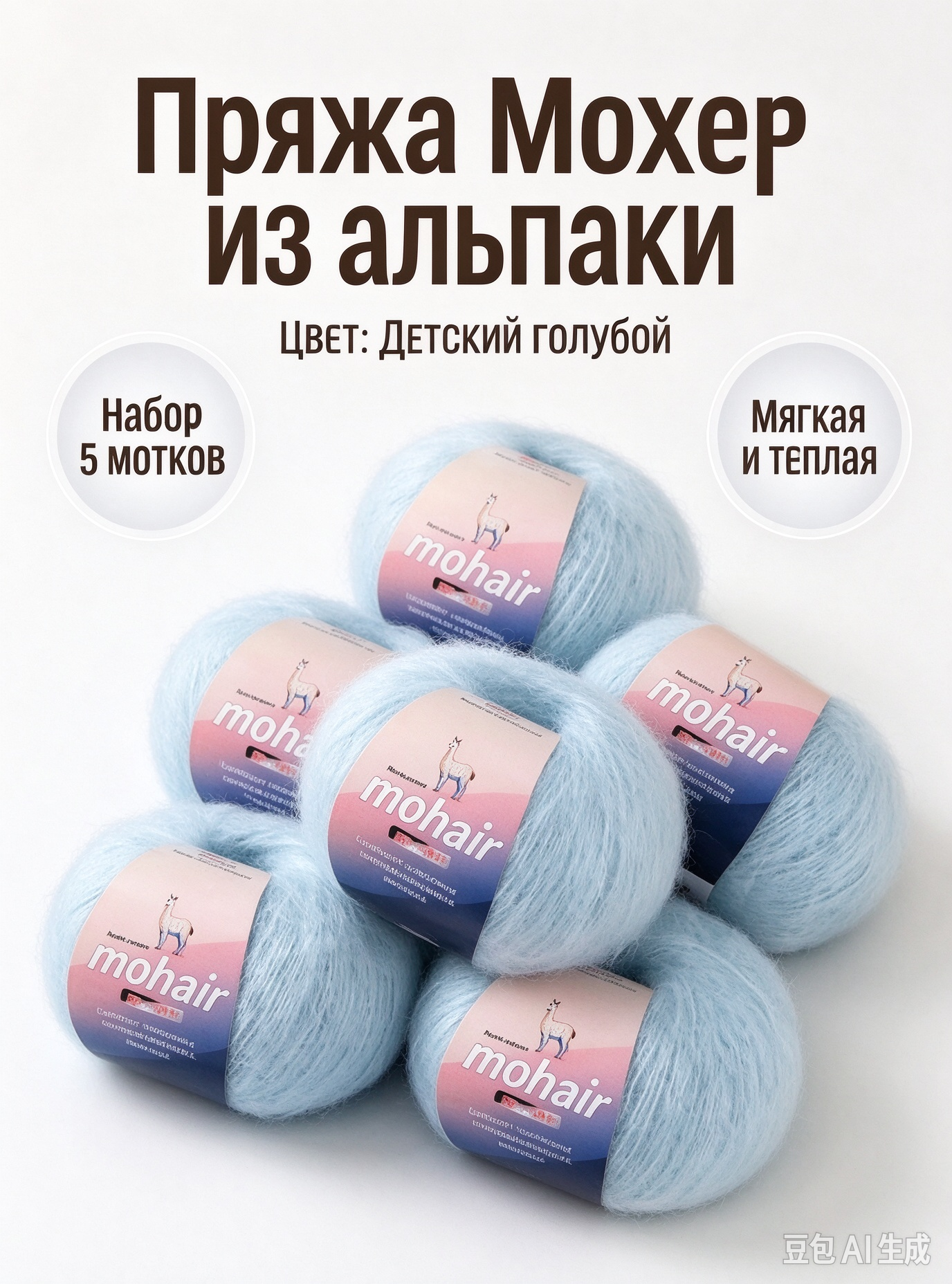 Пряжа мохер из альпаки, набор 5 мотков, мягкая пушистая пряжа для вязания, цвет детский голубой