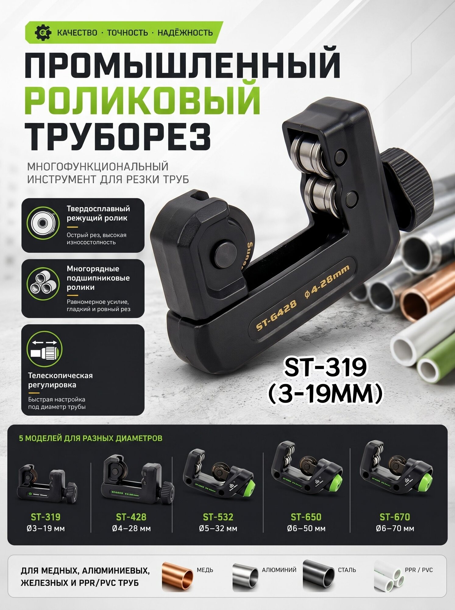 Профессиональный роликовый труборез / Универсальный инструмент для резки медных, стальных и ПВХ труб