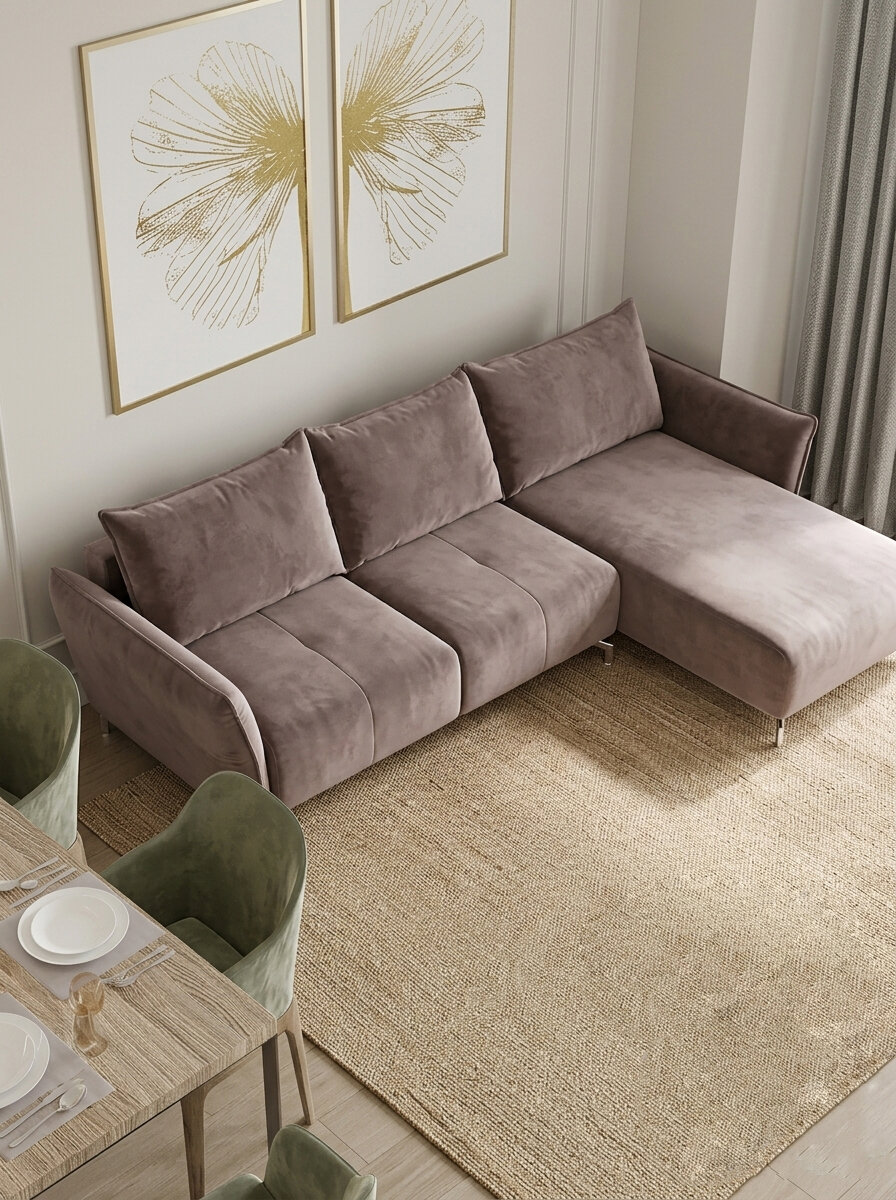 Диван с оттоманкой Дельта Лайт Velutto 37 FM 325x186x100 см, бежевый Велютто, еврокнижка Фиеста