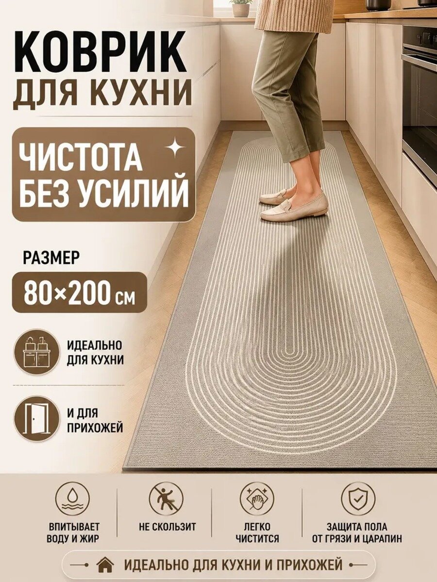 Коврик современный 80x200 см, полиэстер, резиновая основа, прямоугольный