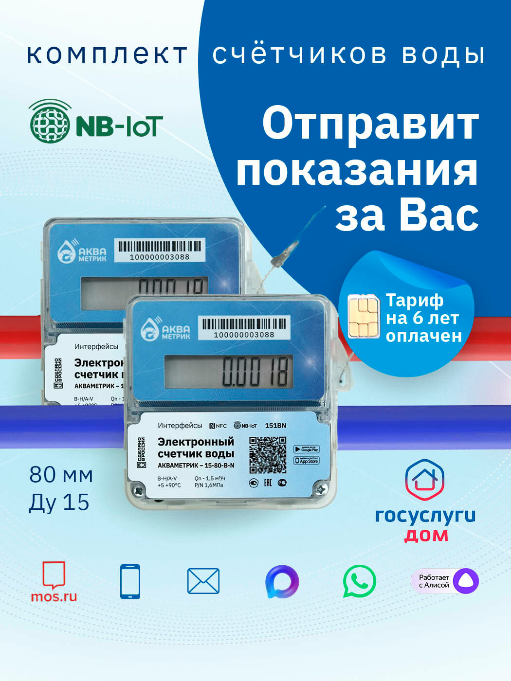 Умные счетчики воды электронные АкваМетрик Nb-IoT 80 мм с тарифом на 6 лет (комплект 2 шт)