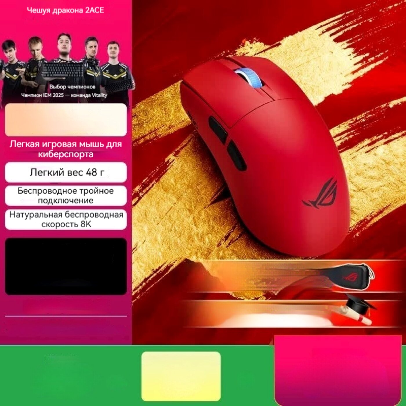 ROG Dragon Scale 2Ace Игровая мышь, легкаявесом 48 г, трехрежимная, проводная / 2,4 G / Bluetooth, DPI42000 IPS750