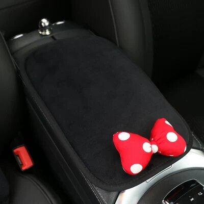 Bowknot Short Fleece Car Center Console Pad Black Floral Pattern Universal Interior