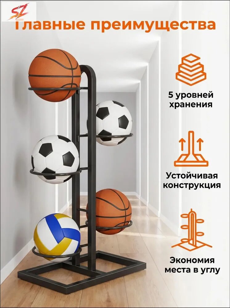 Стеллаж для мячей, 5 ярусов, для хранения и демонстрации спортивных мячей — фото 1