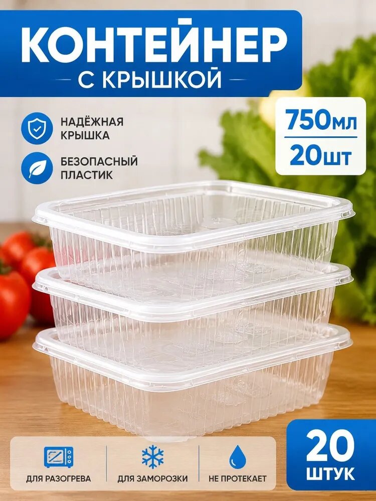 Контейнеры одноразовые с крышкой 750 мл 20 шт для еды и заморозки ягод, пластиковые