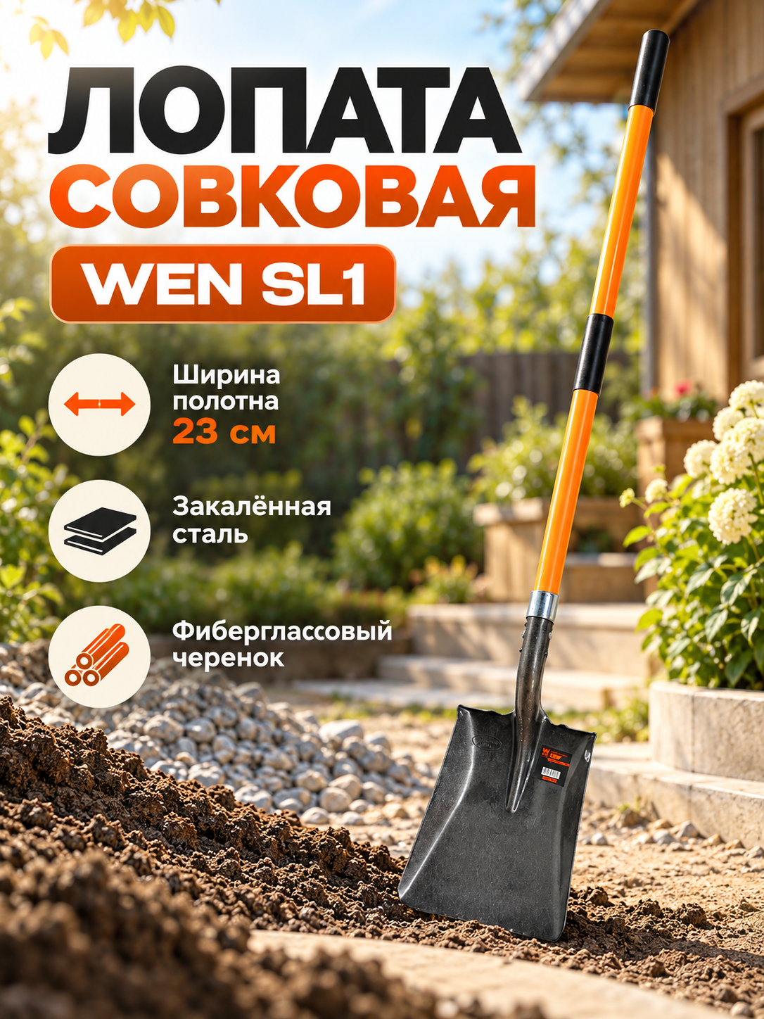 Лопата совковая WEN SL1, закалённая сталь, фиберглассовый черенок, ширина рабочей части 23 см