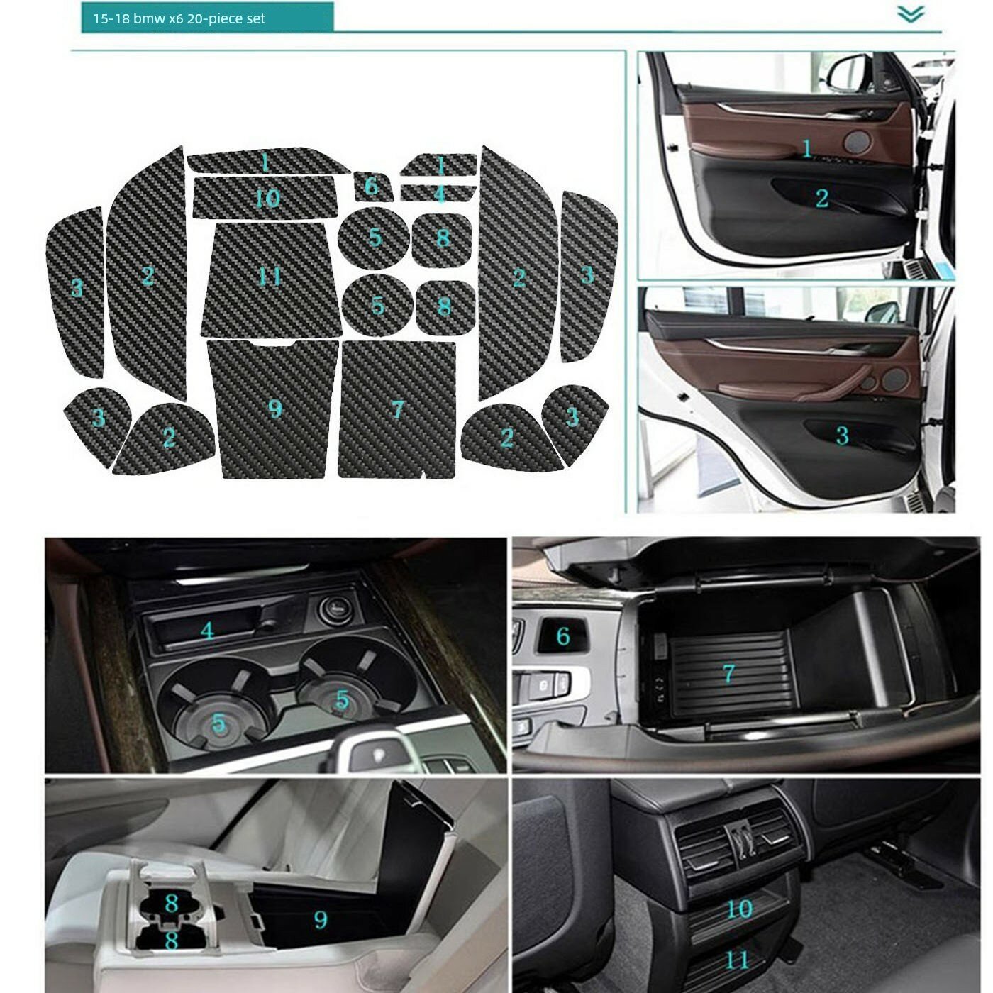 BMW X6 2015-2019 Углеродное волокно Дверной пороговый коврик для чашки 20 штук противоскользящий