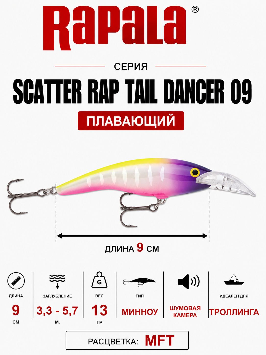 Воблер RAPALA Scatter Rap Tail Dancer 09 MFT плавающий 3,3м-5,7м, 9см, 13гр
