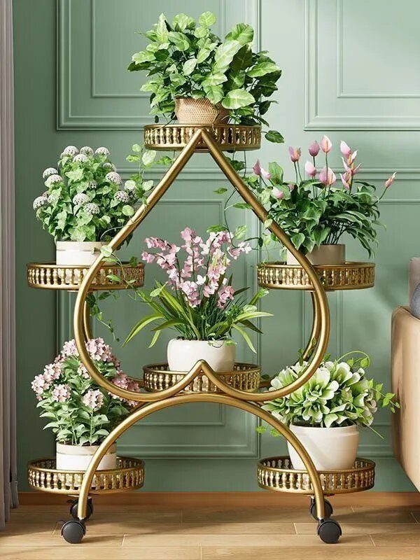 Подставка для цветов напольная/настольная, Подставка для цветов напольная металлическая золотая на колесах, 6 ярусов