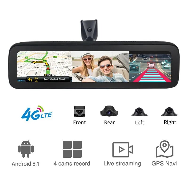 Видеорегистратор 4G Android 9,0 Автомобильный видеорегистратор 12"Full Touch 360 Панорамная камера Зеркало заднего вида 4 Ch WiFi ADAS GPS Навигация Bluetooth