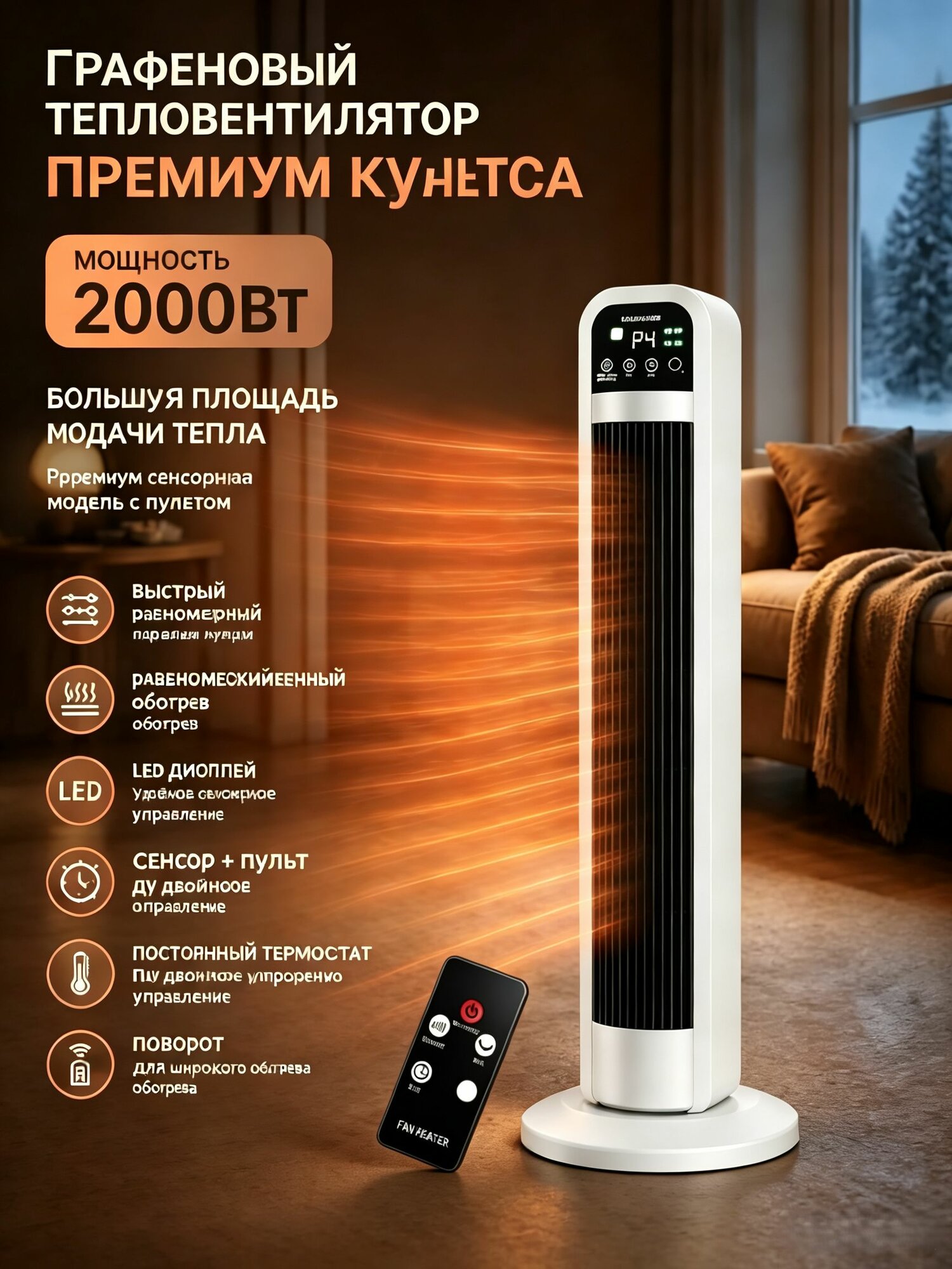 Вертикальный электронагреватель, графеновый нагреватель, версия с дистанционным управлением (2000 Вт)