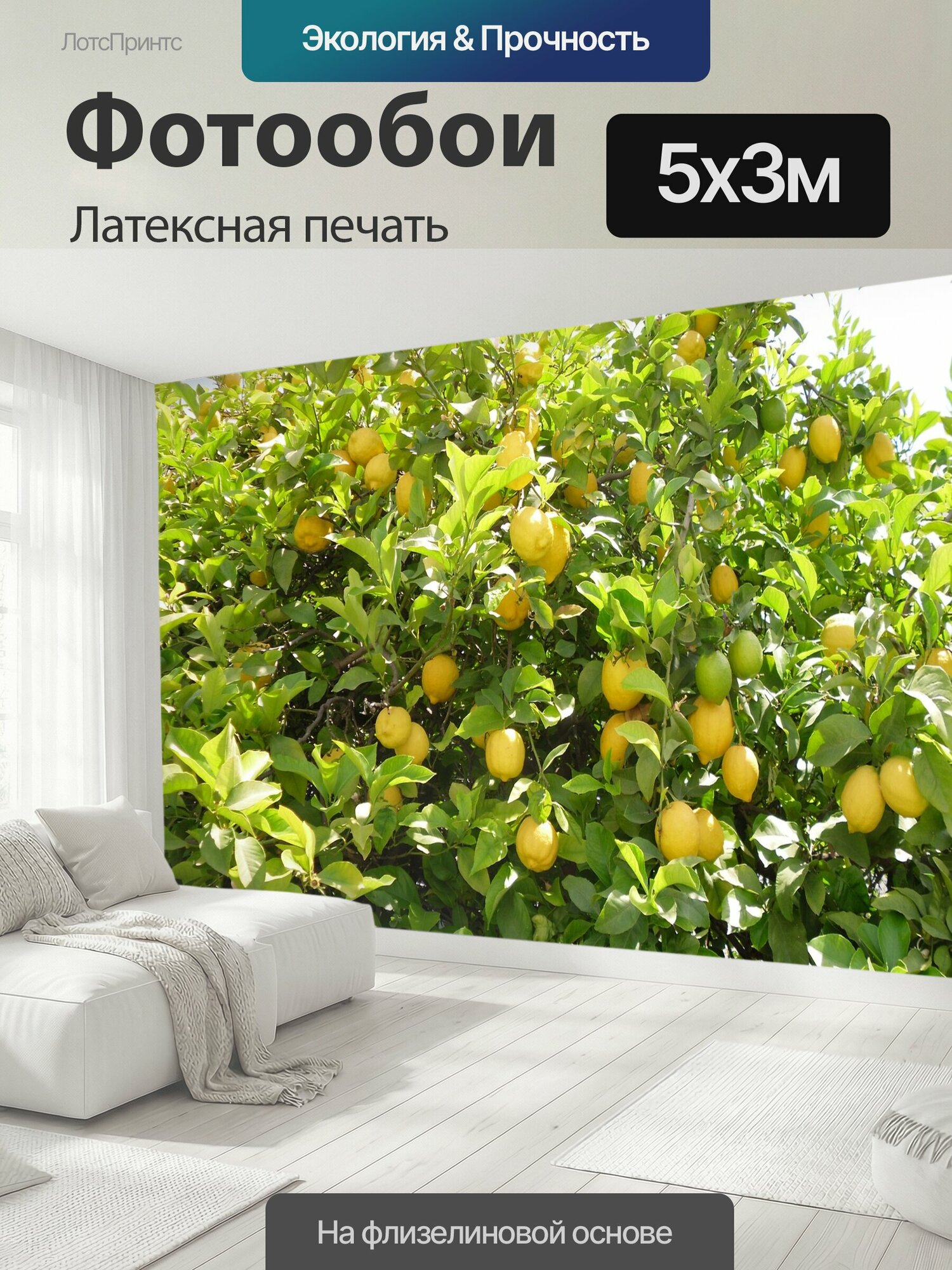 Фотообои моющиеся ударопрочные "Лимонное дерево, дерево, лимон" 500x300 см. латексная печать