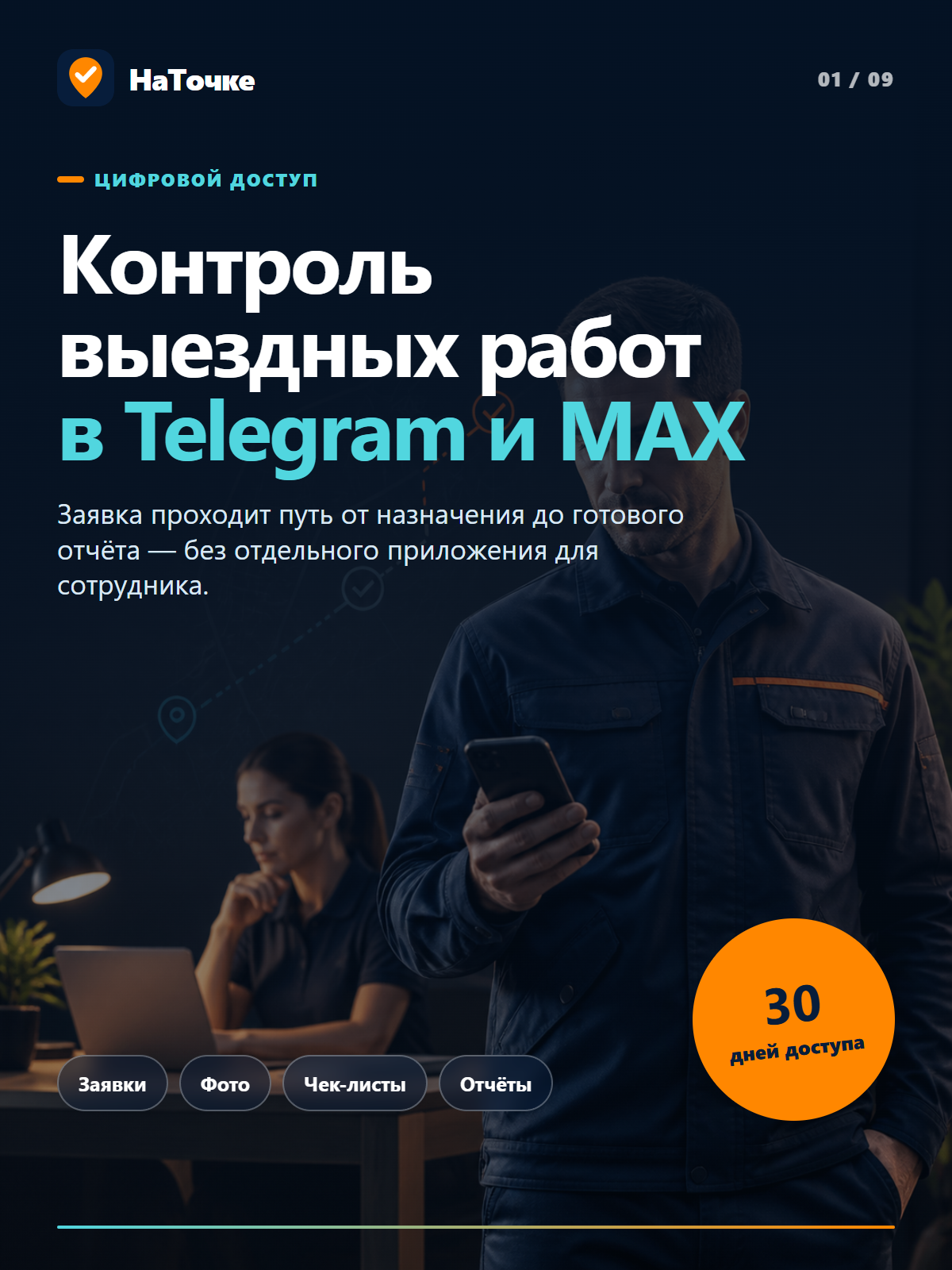 НаТочке — сервис контроля выездных сотрудников в Telegram и MAX для бизнеса, доступ 30 дней